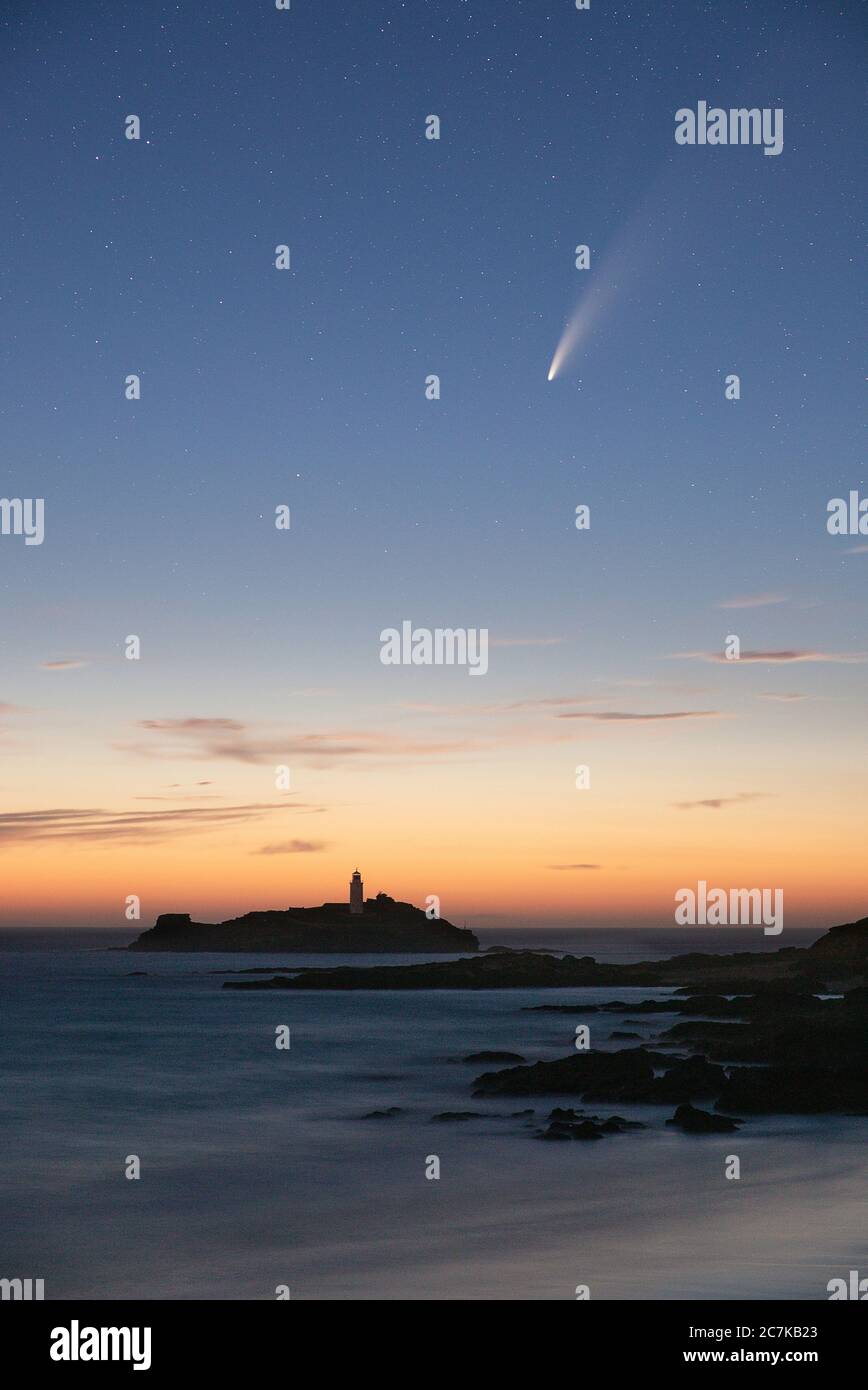 Comet C/2020 F3 Neowise above Godrevy lighthouse, Cornwall. UK Stock ...