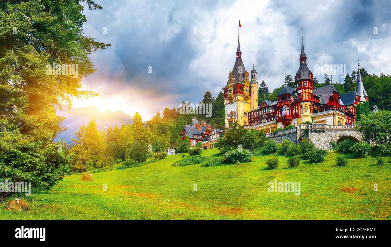 Famous Neo-Renaissance Peles castle and ornamental garden in Sinaia ...