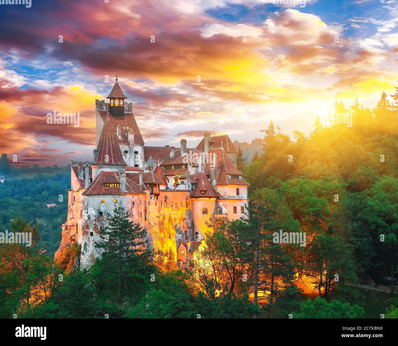 Landscape with medieval Bran castle known for the myth of Dracula at ...