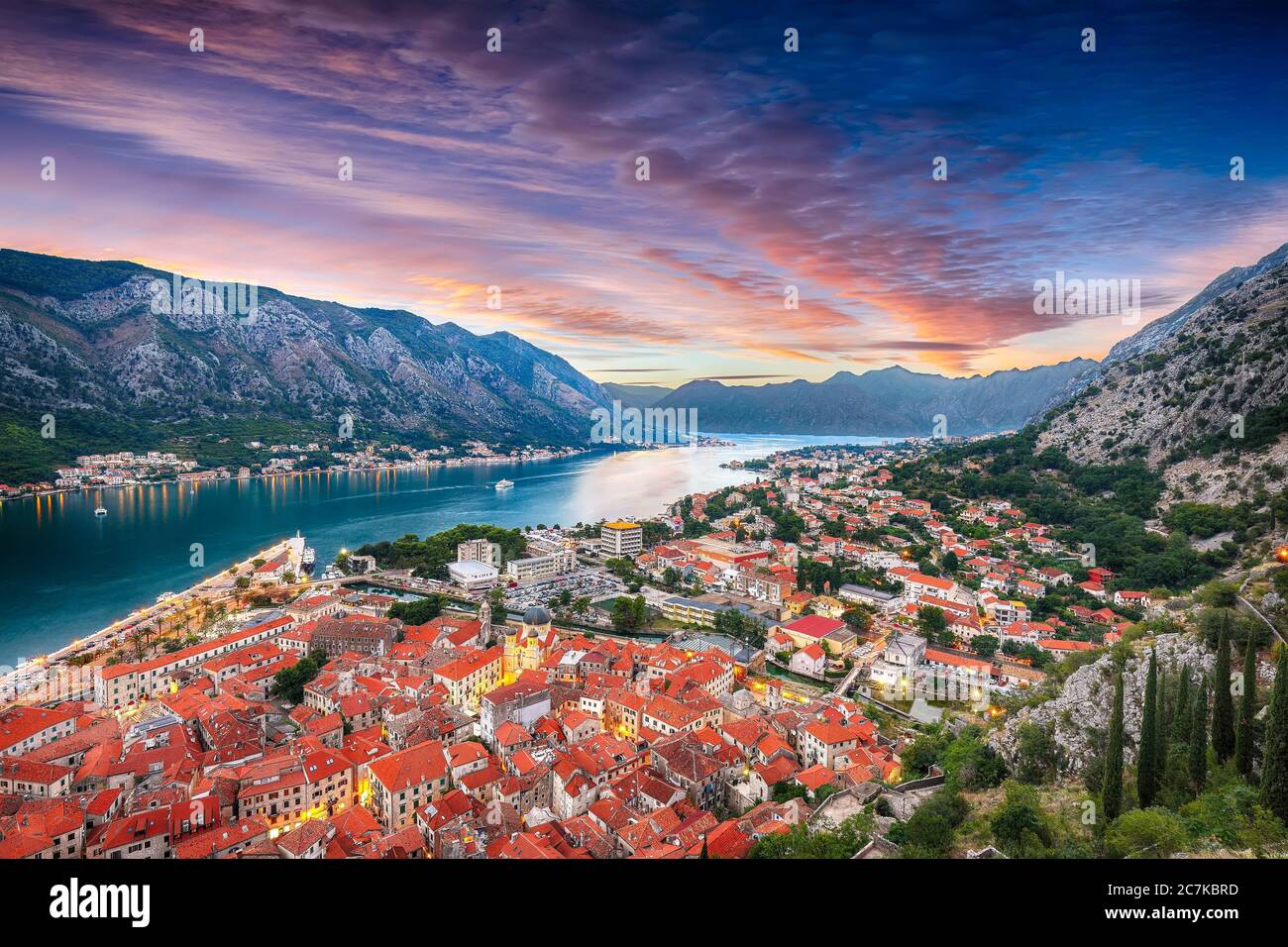 Aerial evening view of Kotor bay and Old Town from hill of Lovcen ...