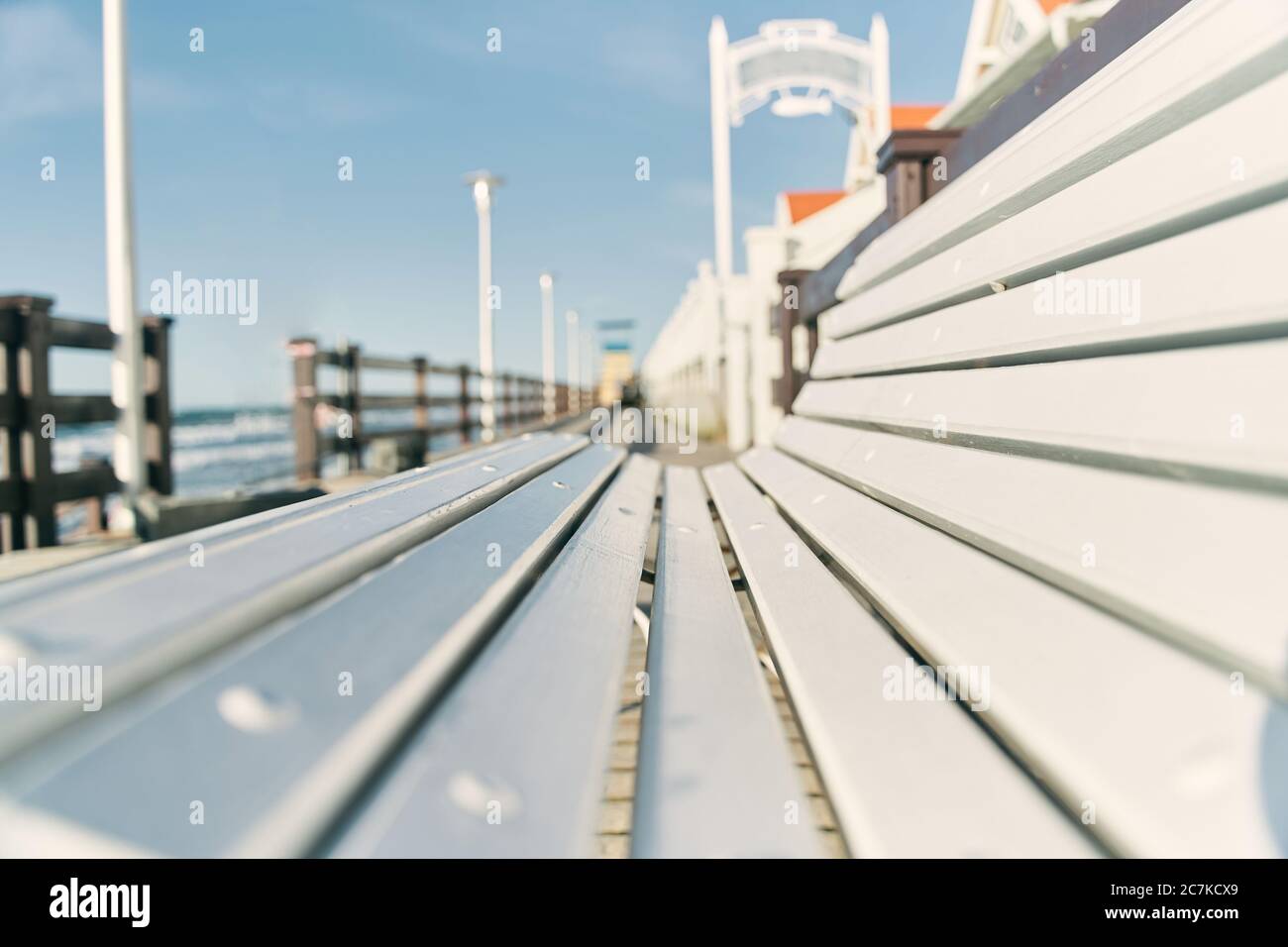 White bench on the boardwalk. Baltic Sea. The beach of Zelenogradsk ...