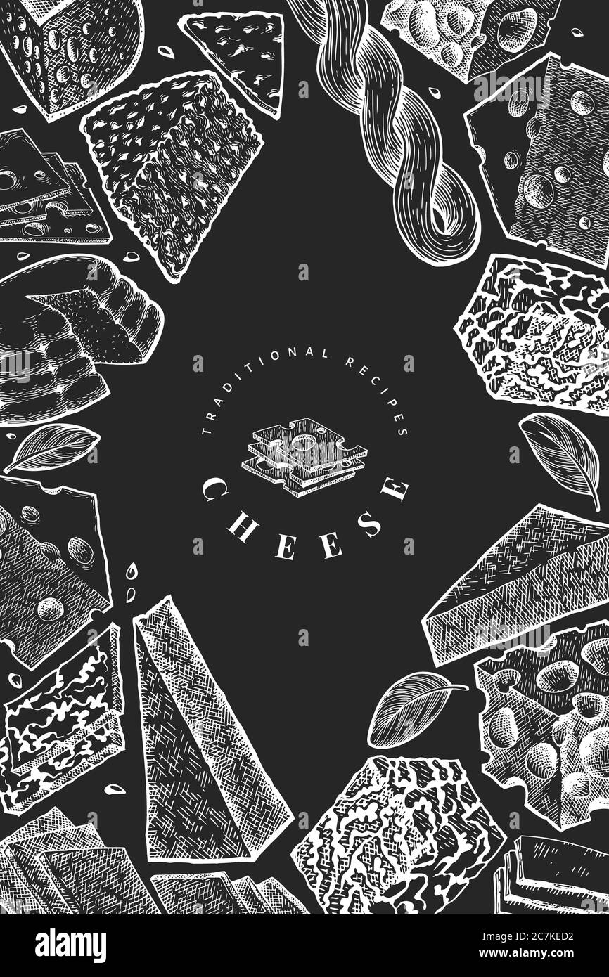 Cheese design template. Hand drawn vector dairy illustration on chalk ...