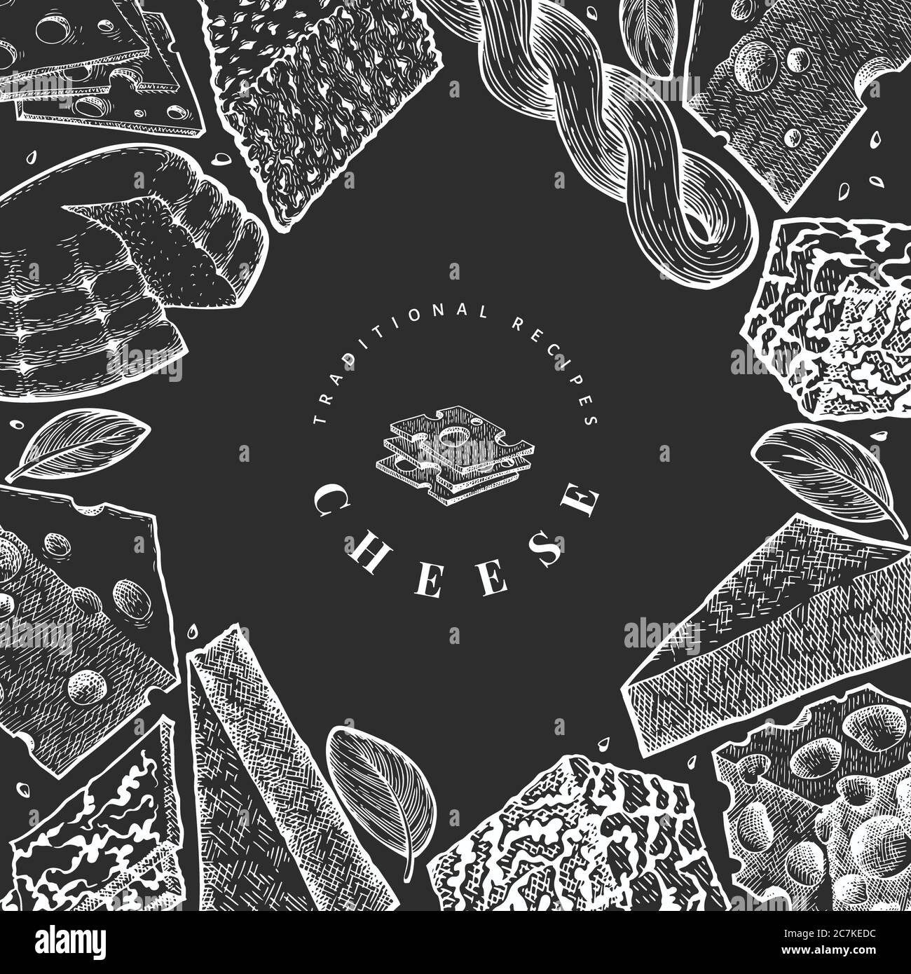 Cheese design template. Hand drawn vector dairy illustration on chalk ...