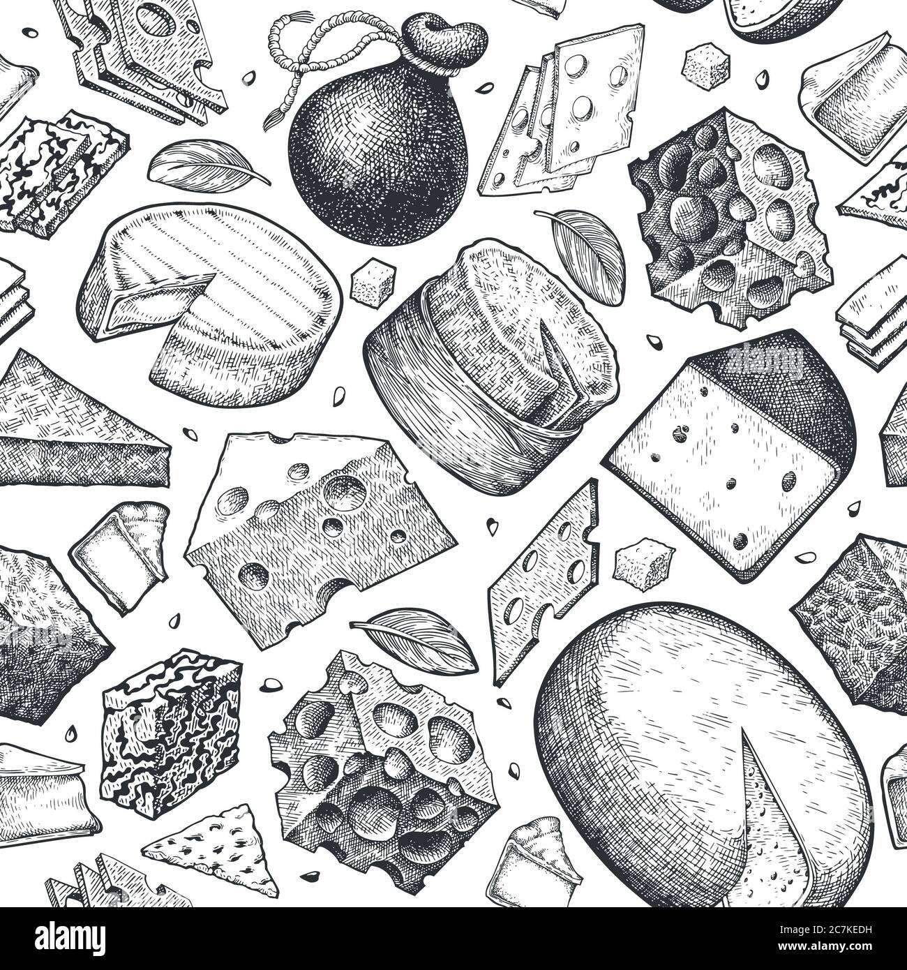 Cheese seamless pattern. Hand drawn vector dairy illustration. Engraved ...