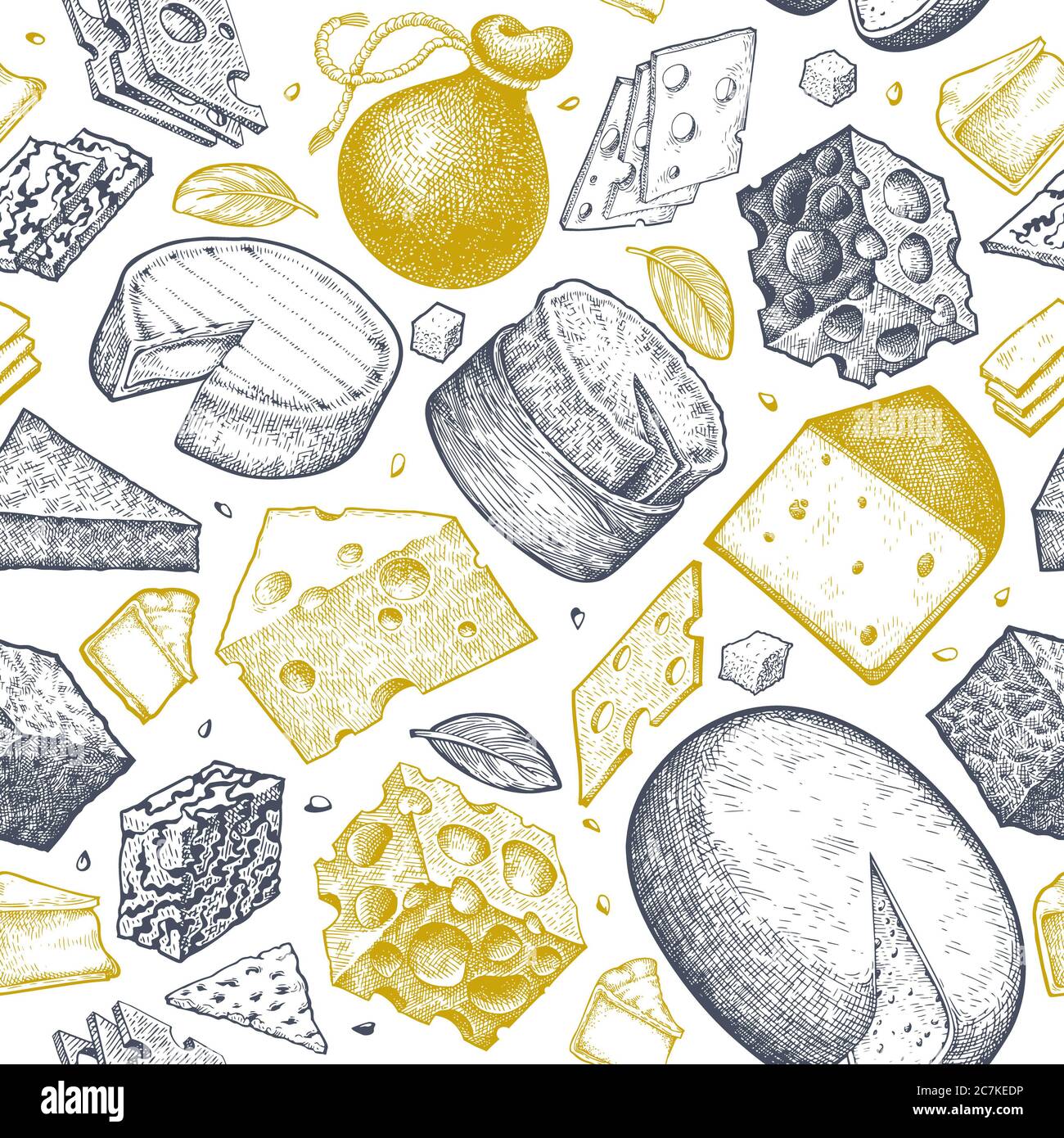 Cheese seamless pattern. Hand drawn vector dairy illustration. Engraved ...