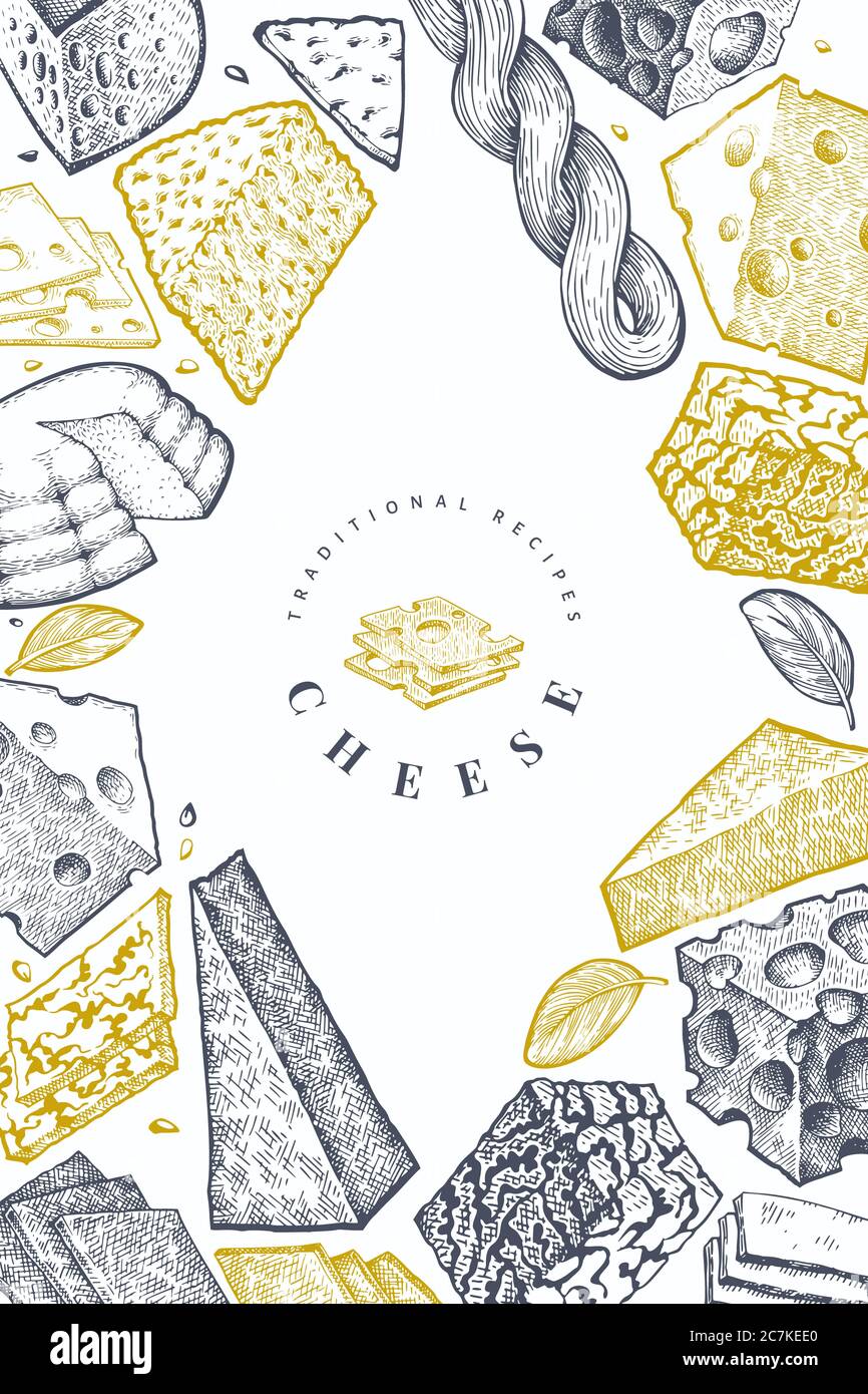 Cheese design template. Hand drawn vector dairy illustration. Engraved ...