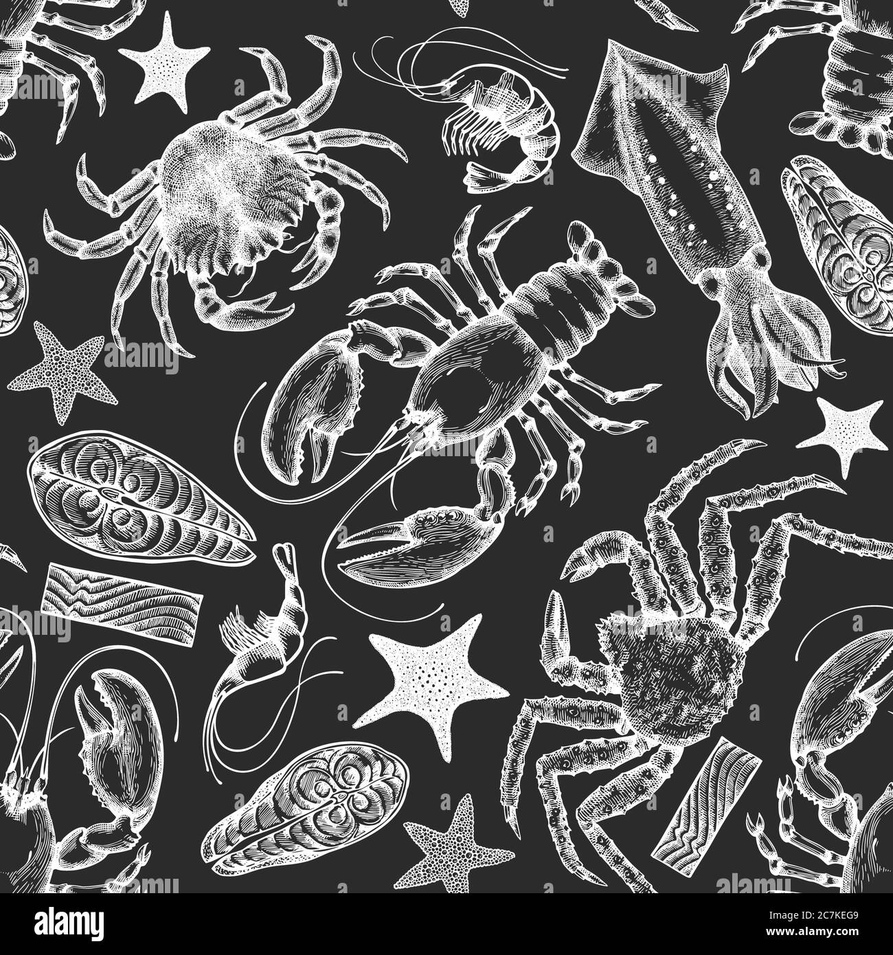 Seafood seamless pattern. Hand drawn vector seafood illustration ...