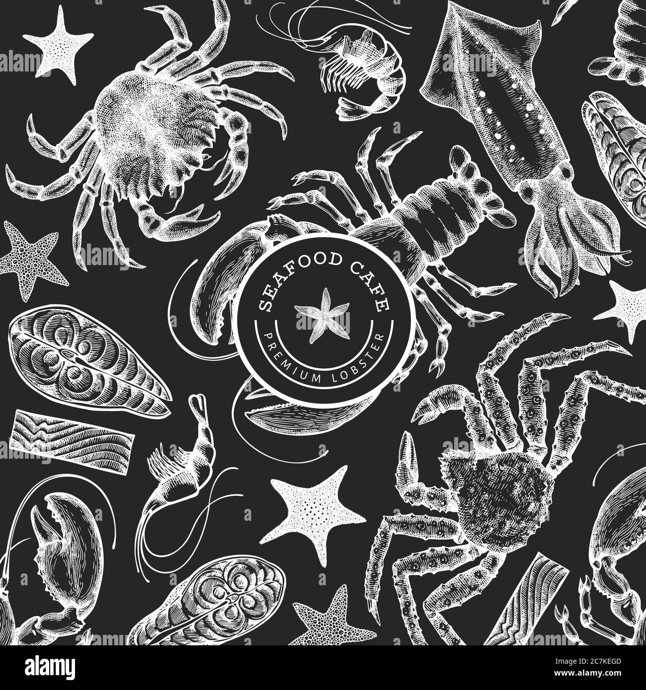 Seafood design template. Hand drawn vector seafood illustration on ...