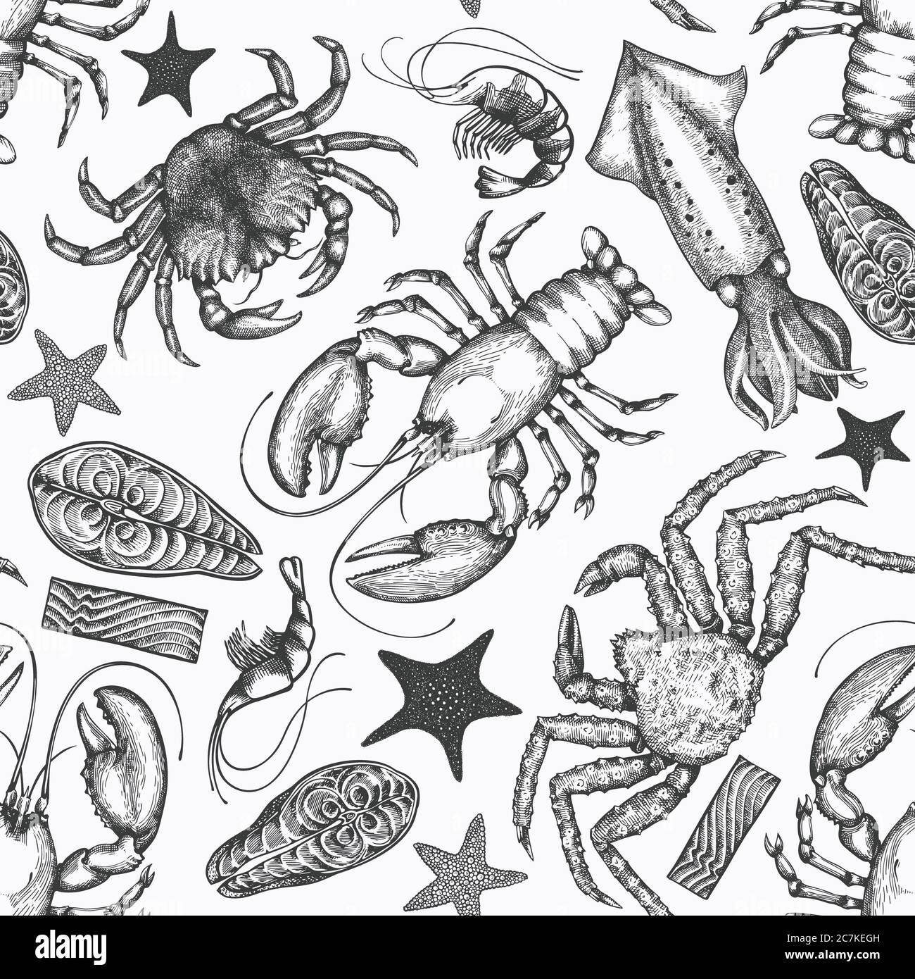 Seafood seamless pattern. Hand drawn vector seafood illustration ...