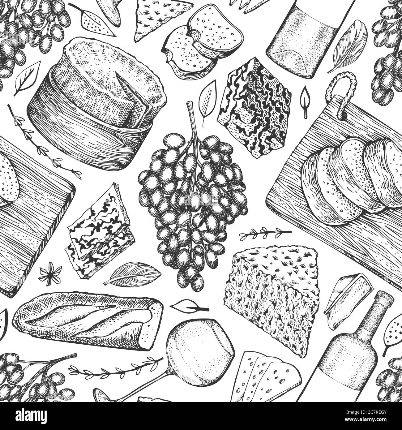 French food illustration seamless pattern. Hand drawn vector picnic ...