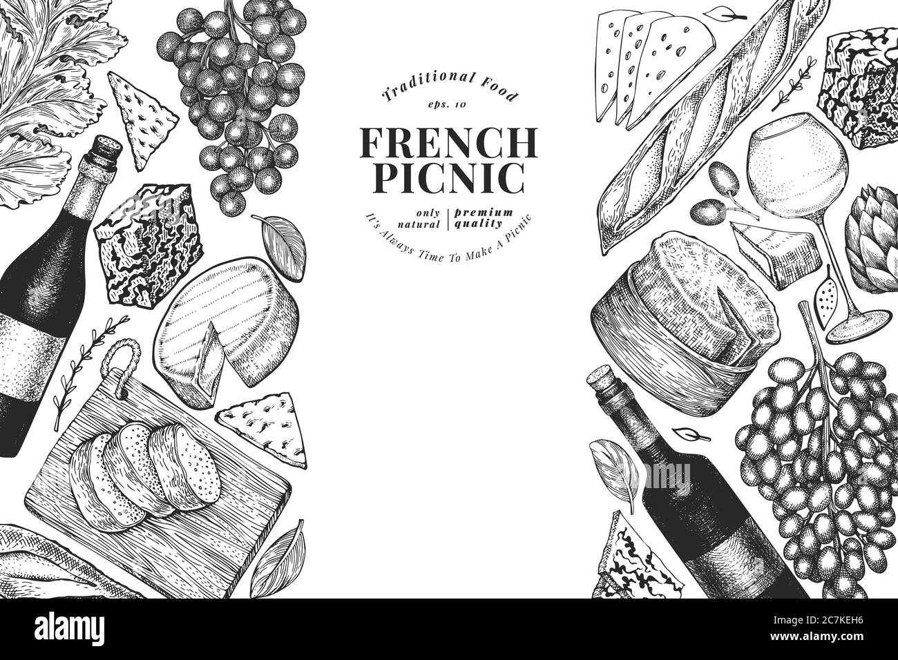 French food illustration design template. Hand drawn vector picnic meal ...