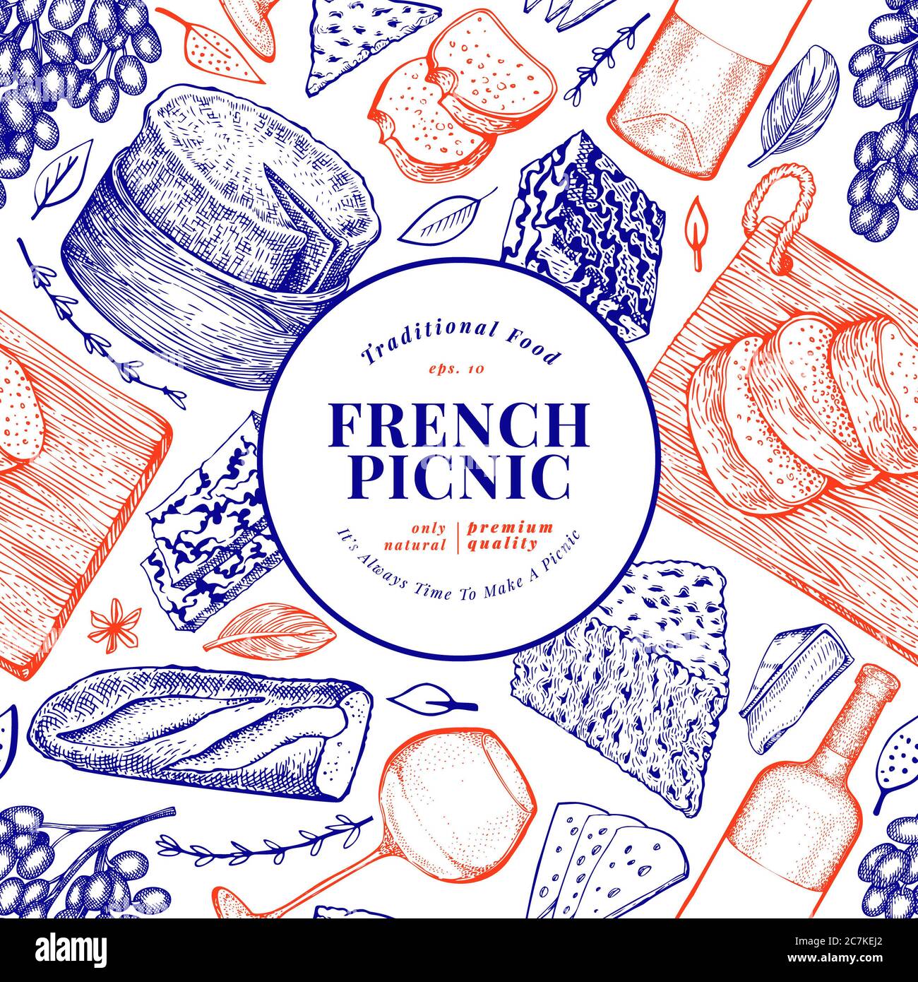French food illustration design template. Hand drawn vector picnic meal ...