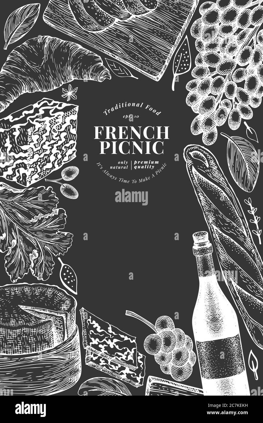 French food illustration design template. Hand drawn vector picnic meal ...