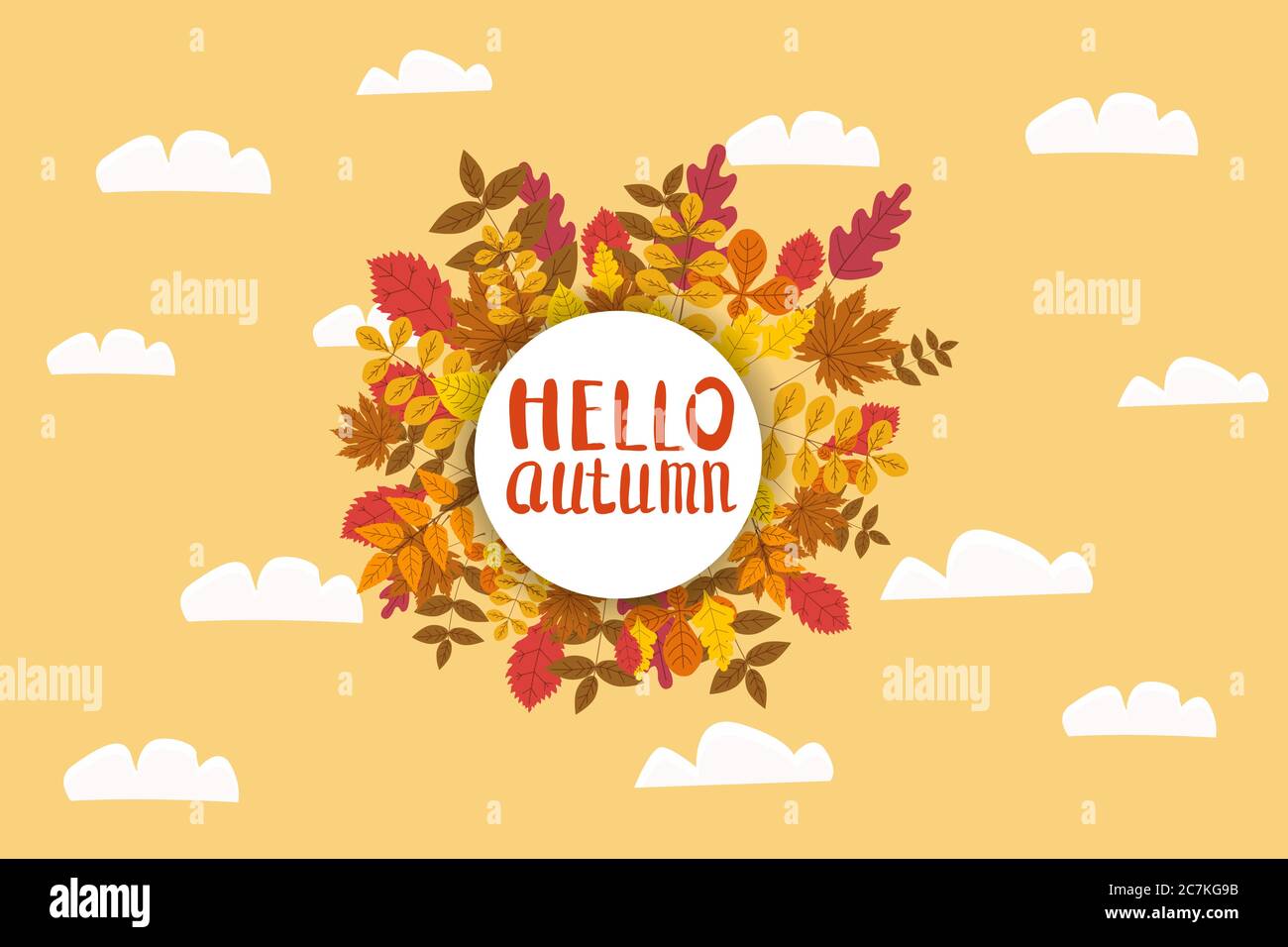 Hello Autumn, background with falling leaves, yellow, orange, brown ...