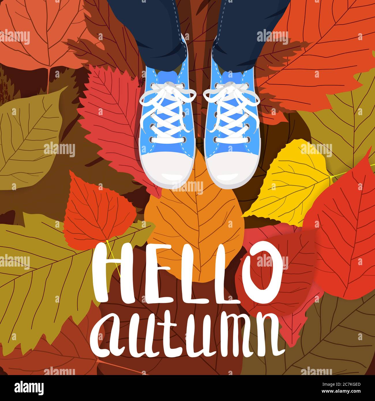 Hello autumn color illustration. Person feet standing in sneakers on ...