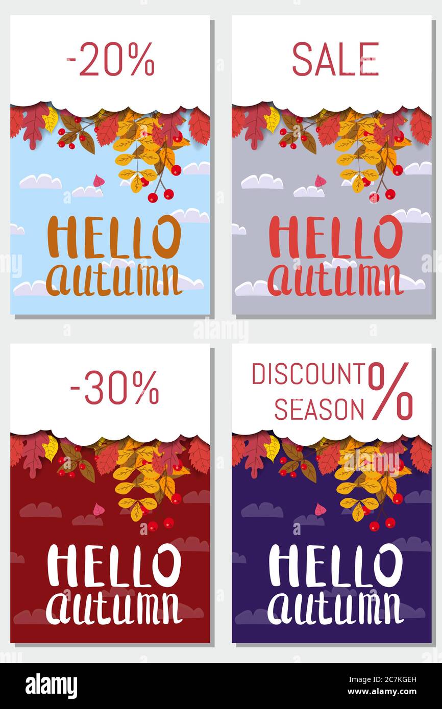 Set cards Hello Autumn, discount season, background with falling leaves ...