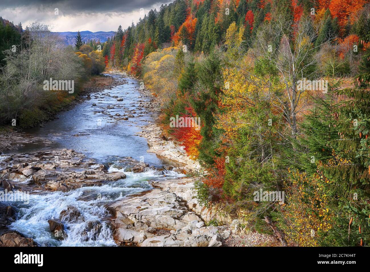 Autumn creek woods with colorfull trees foliage and rocks in forest ...