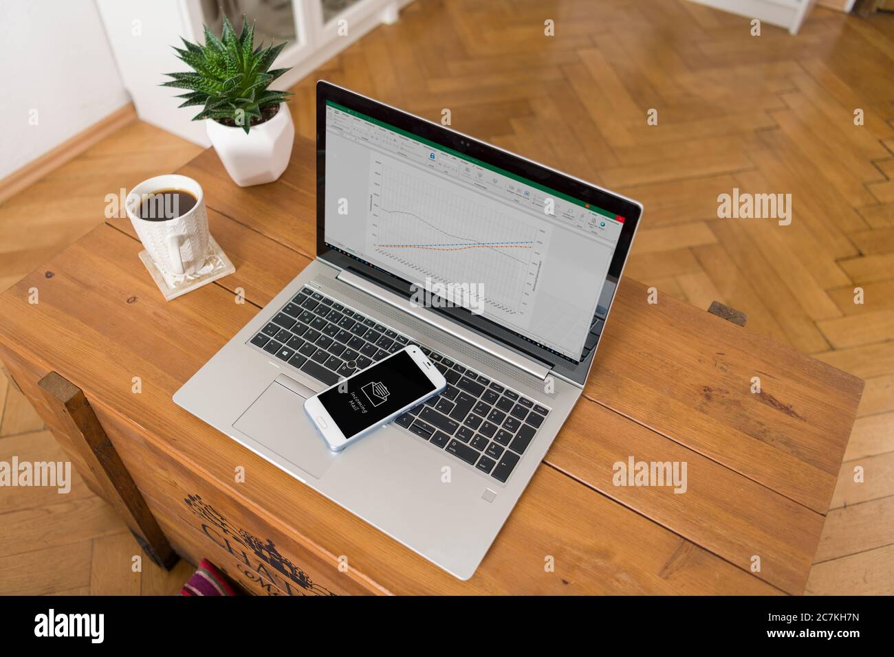 Home office, notebook, mobile phone, keyboard, landscape format Stock ...