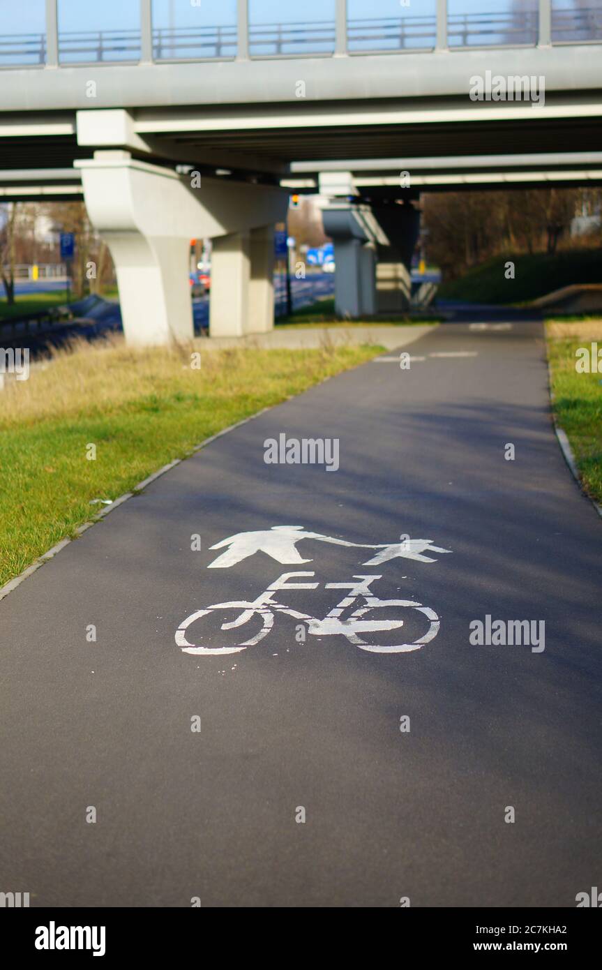 Vertical high angle shot of road signs on the ground for cyclists and ...