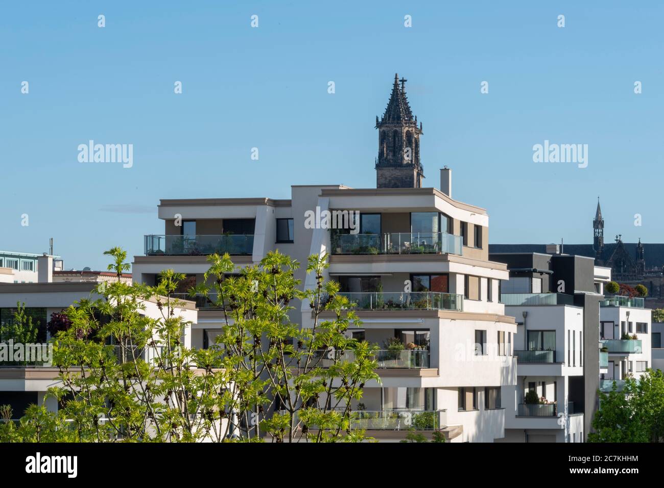 Modern residential buildings elbe promenade magdeburg cathedral seen ...