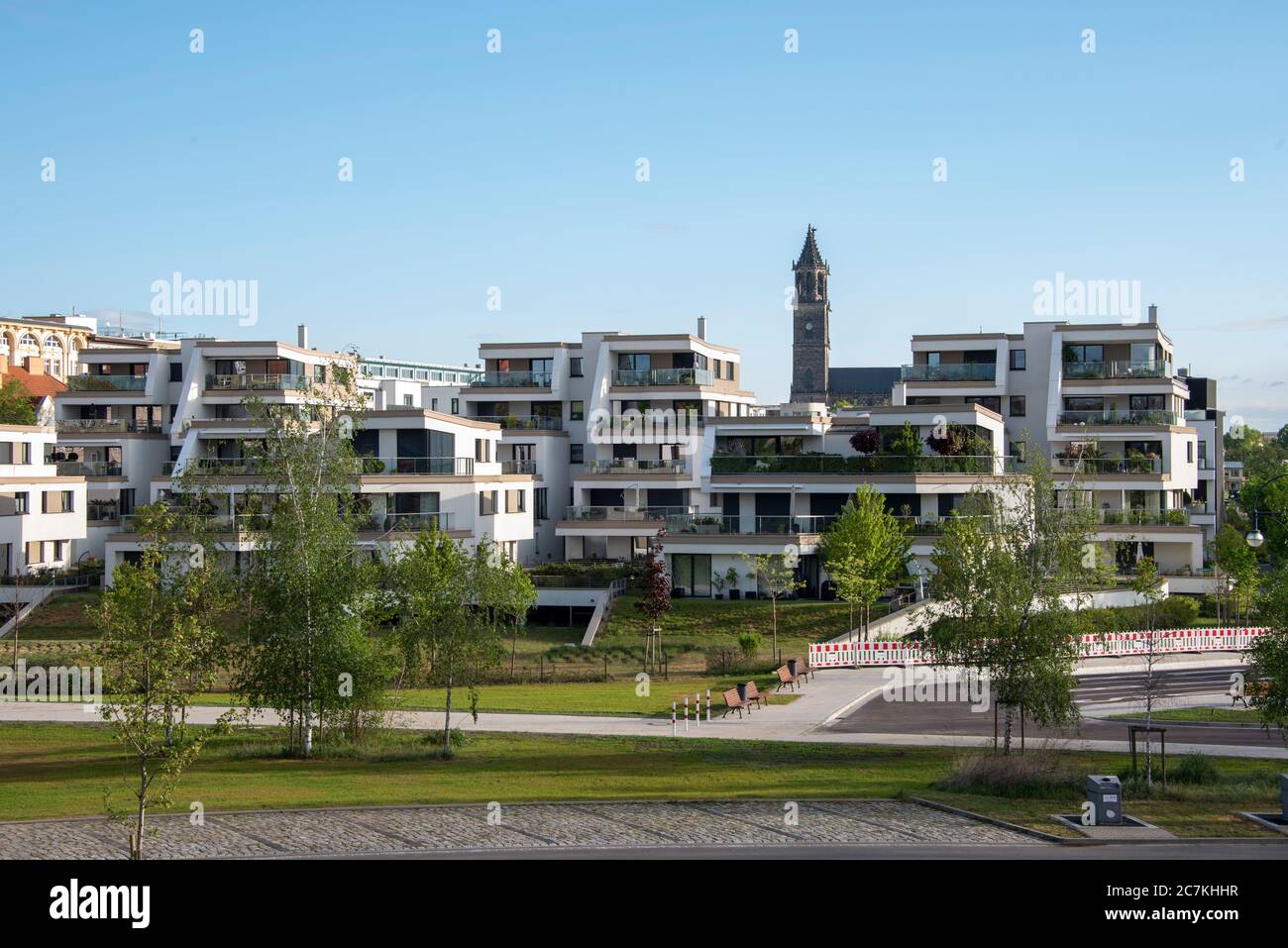 Modern residential buildings elbe promenade magdeburg cathedral seen ...