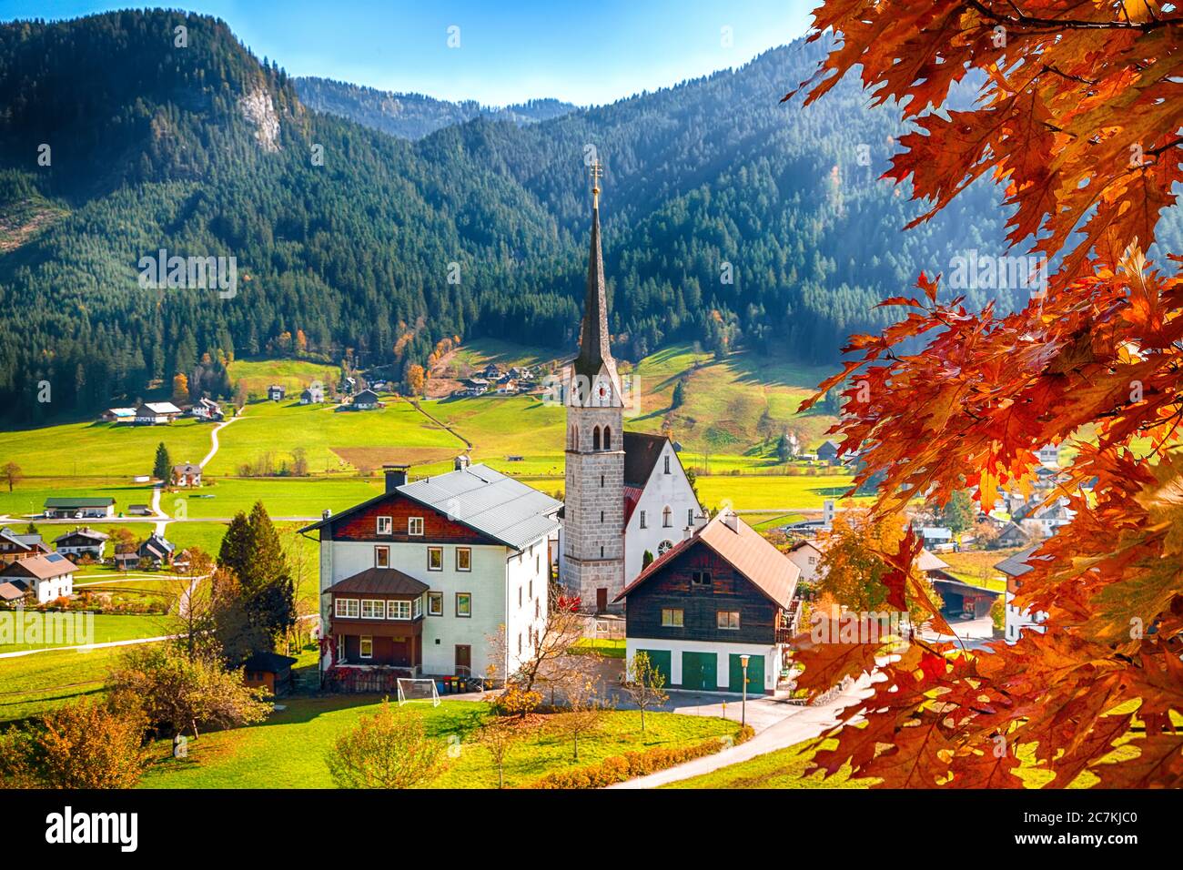Alpine green fields and traditional wooden houses view of the Gosau ...