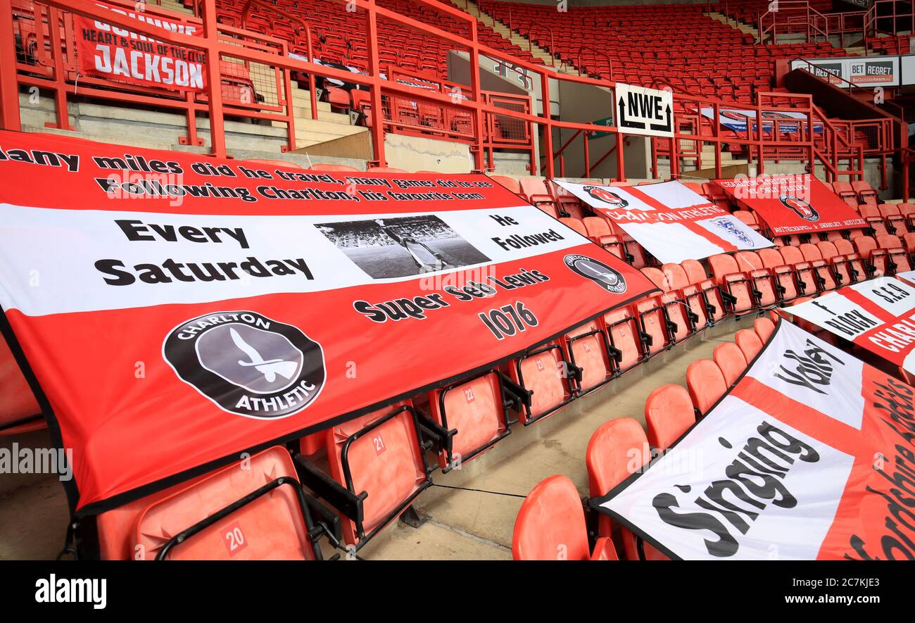 Flags and banners in the stands at The Valley, London Stock Photo - Alamy