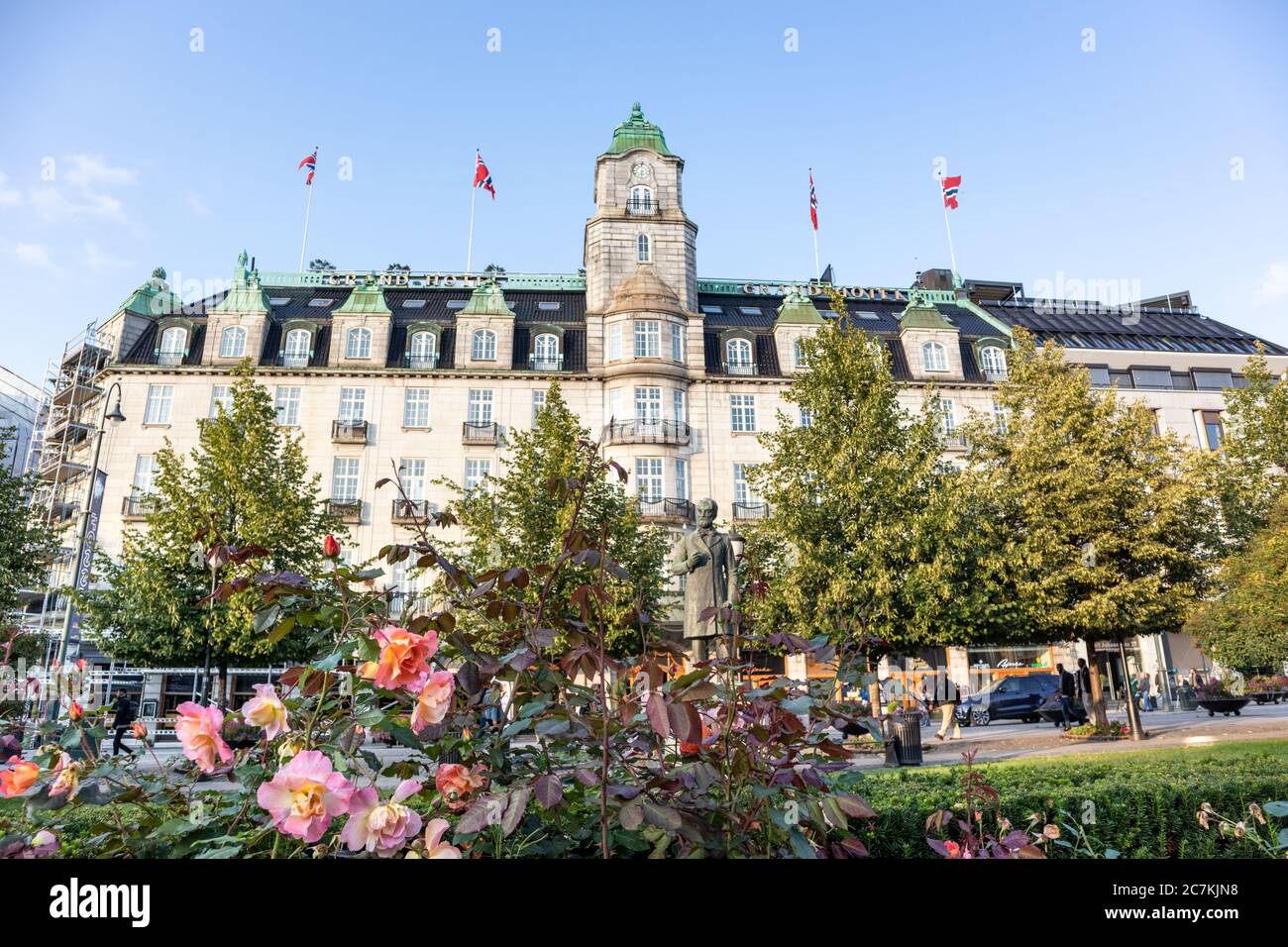 Oslo, Norway - September 10, 2019: Grand Hotel Oslo in rose flowers ...