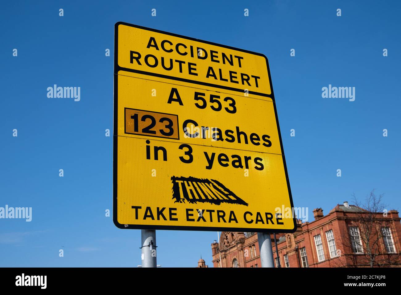 yellow accident route alert sign on A553 inBirkenhead Wirral March 2020 ...