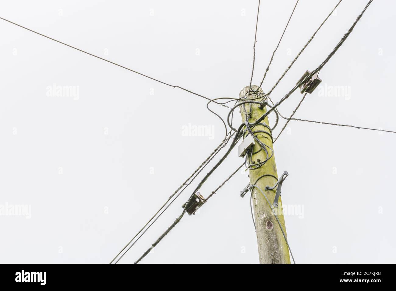 Rural BT utility pole with various fibre optic broadband & telephone ...