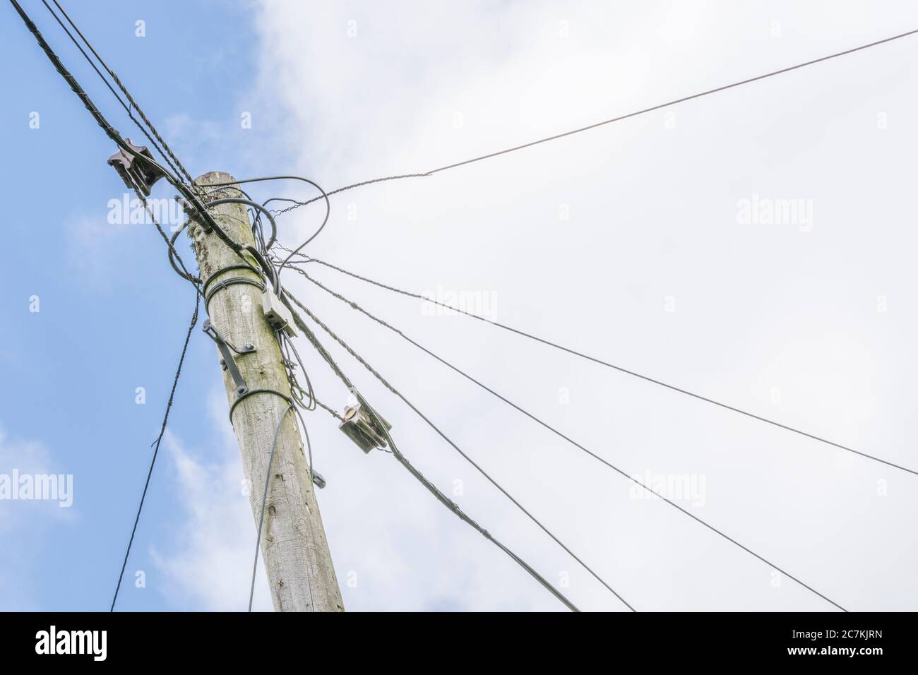Rural BT utility pole with various fibre optic broadband & telephone ...