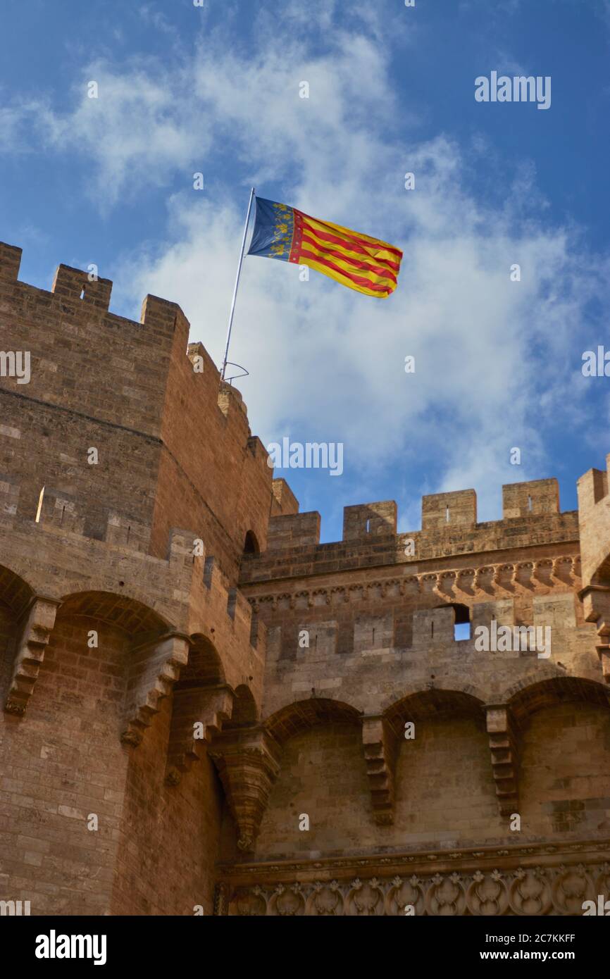 Close up shot of the flag of the Valencian Community and city of ...