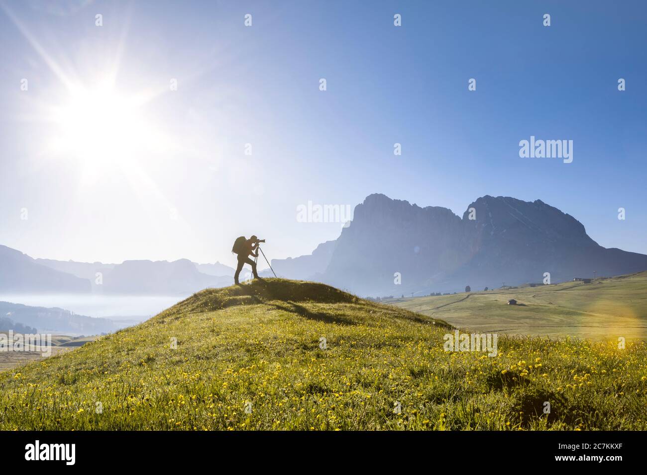 A photographer in action on field, Alpe di Siusi (Seiser Alm ...