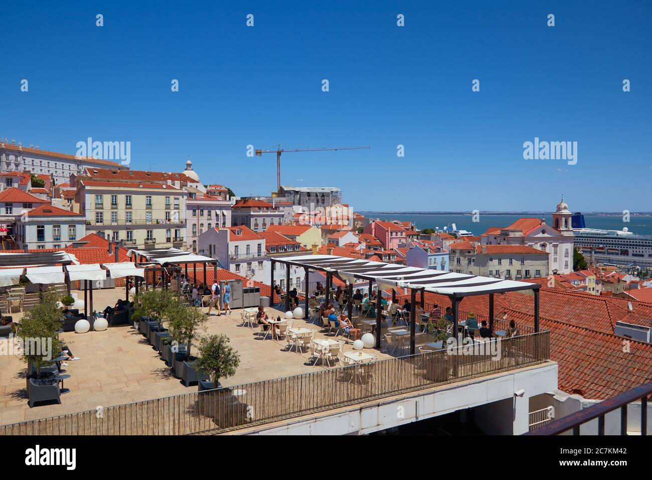 Horizontal shot looking over the city scape of Lisbon Portugal on a ...
