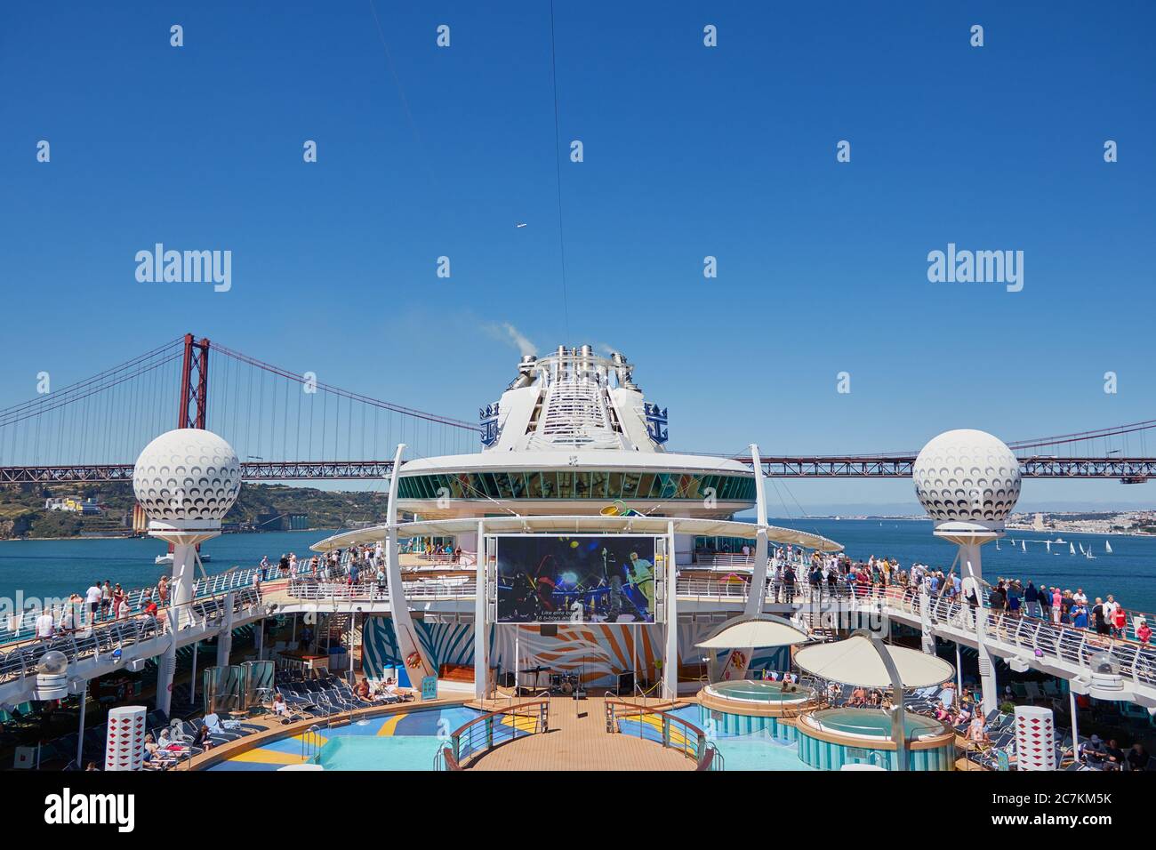 Horizontal shot looking over the top of the royal caribbean cruise ship ...