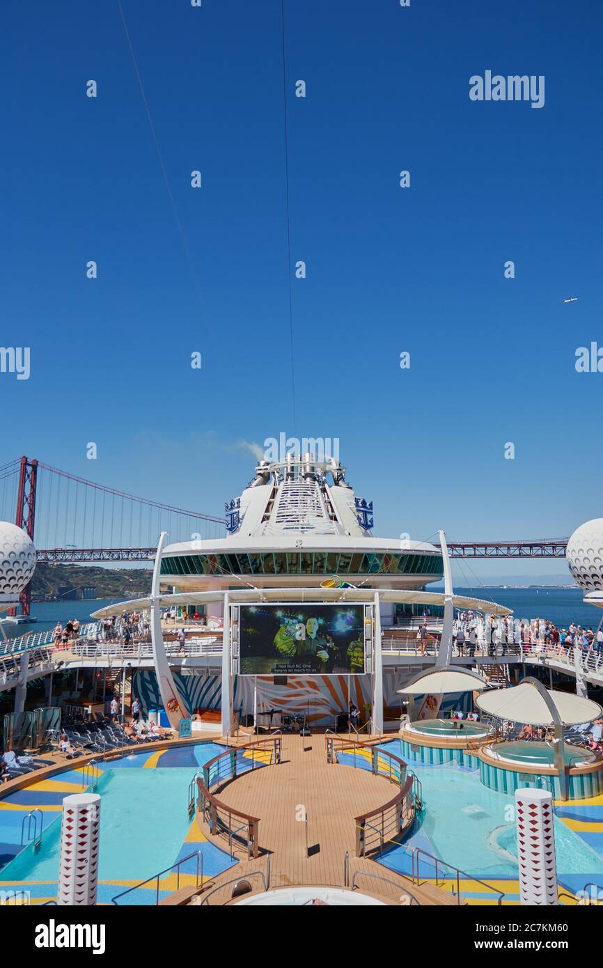 Vertical shot looking over the top of the royal caribbean cruise ship ...