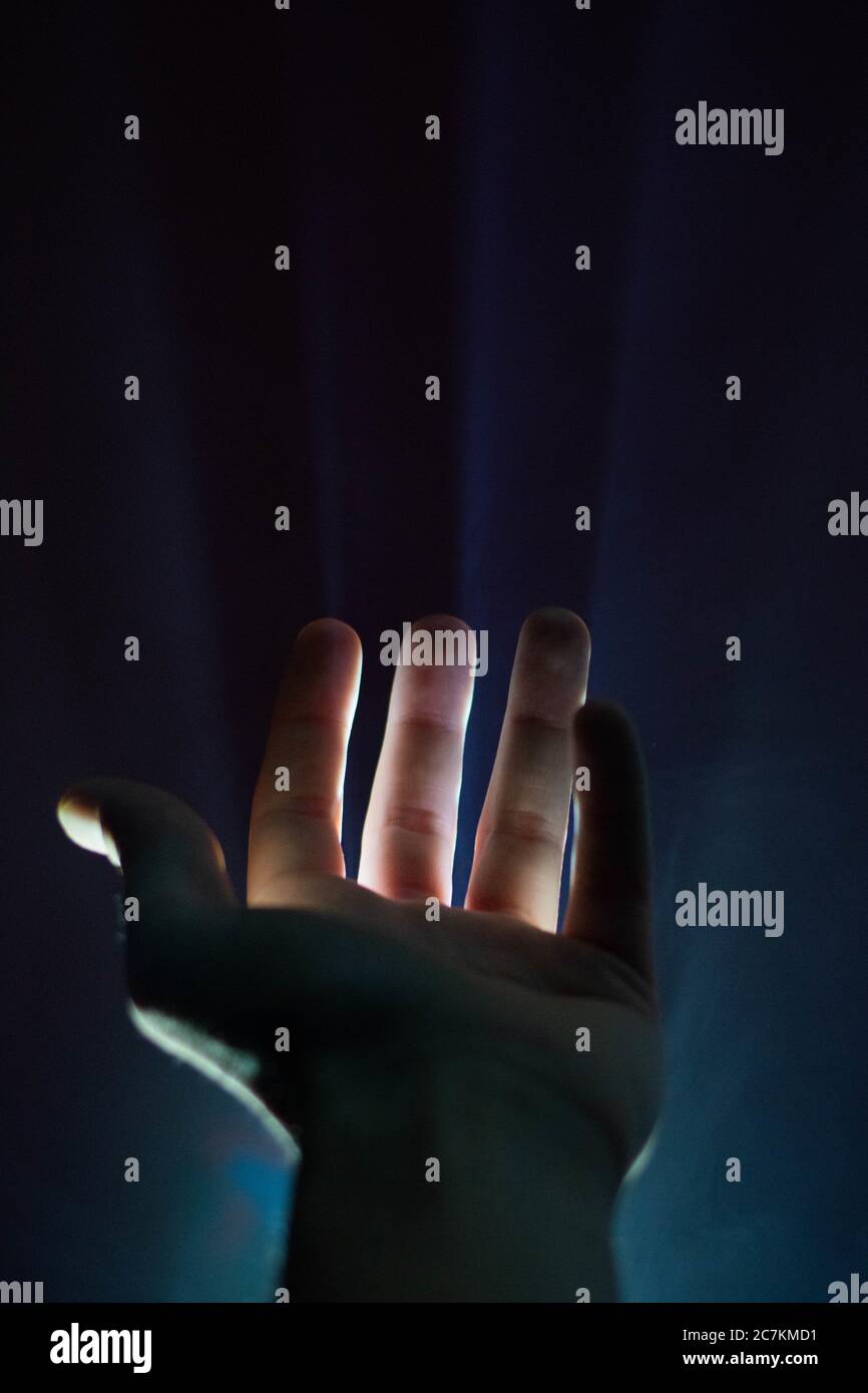 Vertical shot of a person's hand with a light shining through the ...