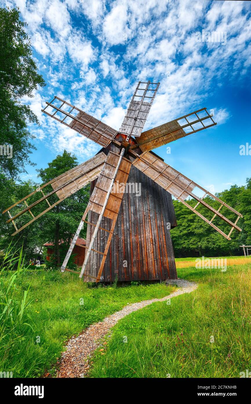 Amazing summer view of traditional romanian windmill. Fantastic rural ...
