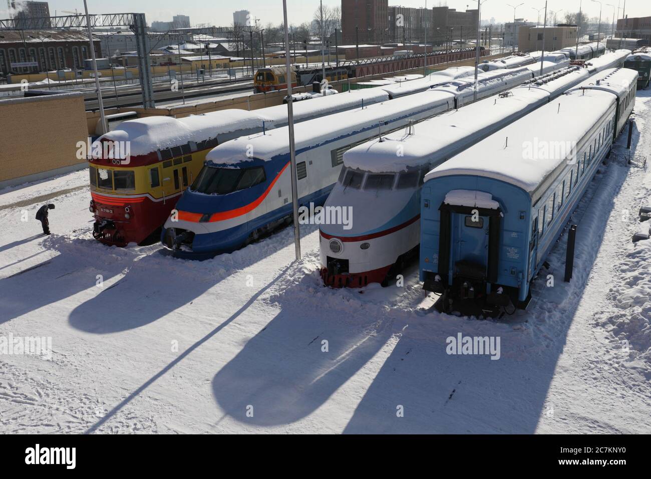 Trains under snow in the Russian Railway Museum in St. Petersburg ...
