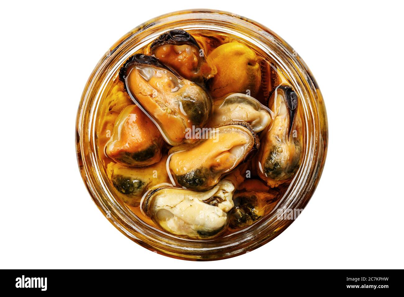 Canned mussels in a jar on a white background, isolated. view from ...