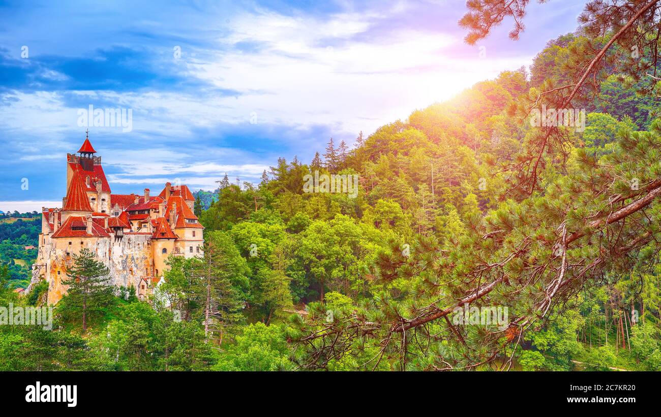 Landscape with medieval Bran castle known for the myth of Dracula at ...