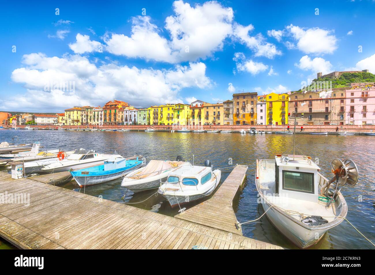Fantastic cityscape of Bosa town on Temo river. River embankment with ...