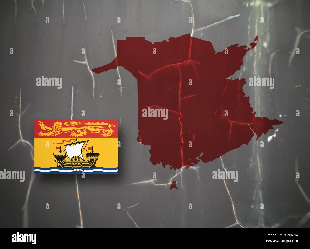 Map and flag of New Brunswick, province of Canada, on a dirty concrete ...