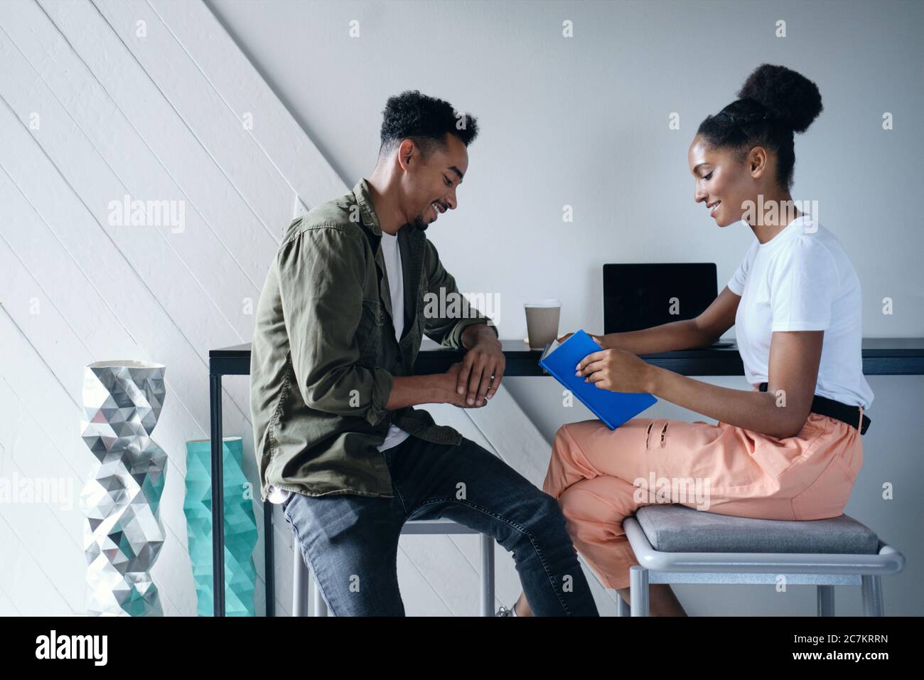 Young attractive casual African American students happily studying ...