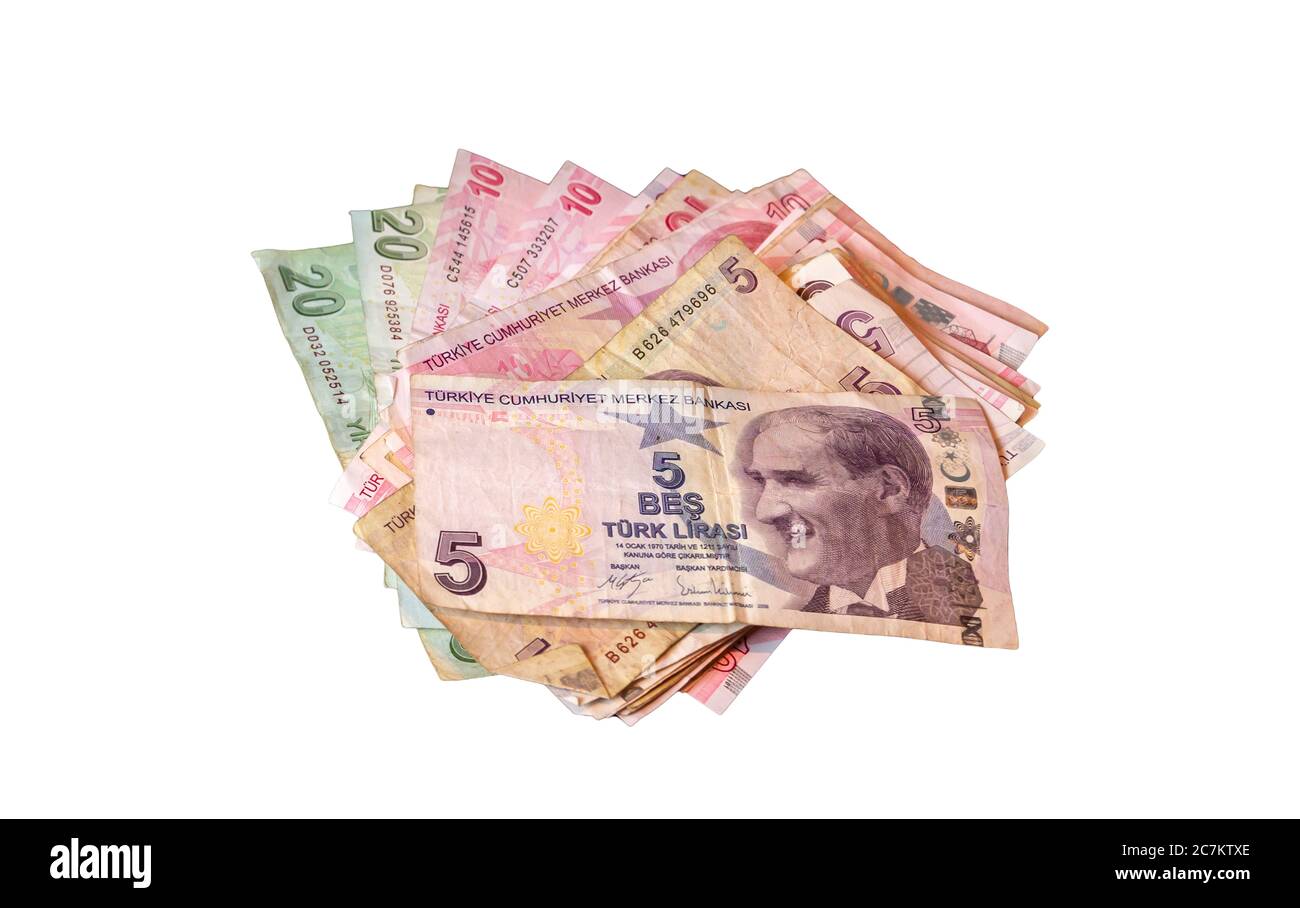 Turkish money on isolated white background Stock Photo - Alamy