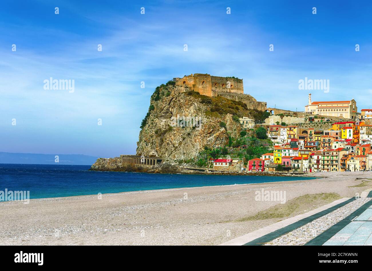 Beautiful seaside town village Scilla with old medieval castle on rock ...