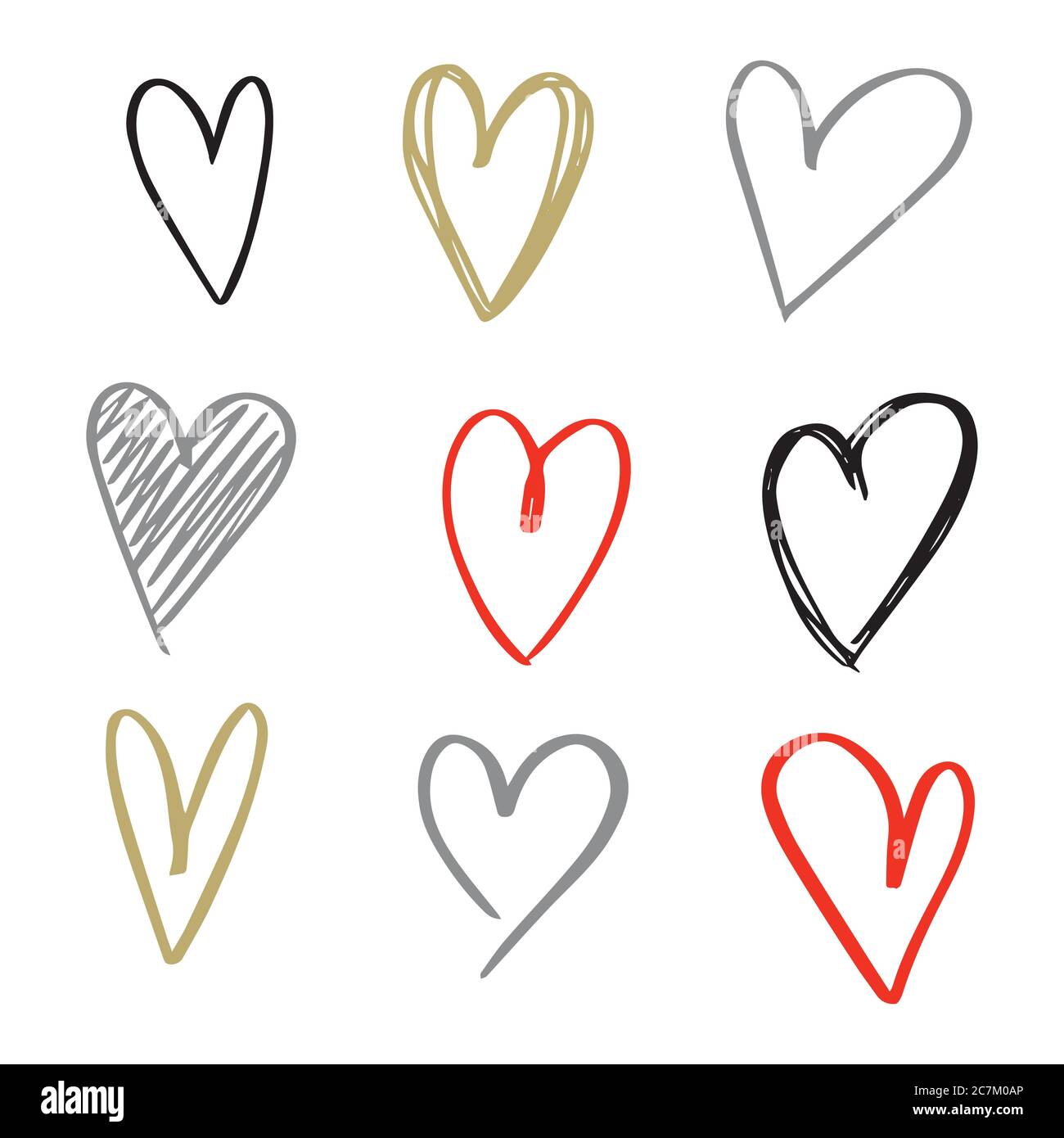 Set of nine hand drawn heart. Handdrawn rough marker hearts isolated on ...