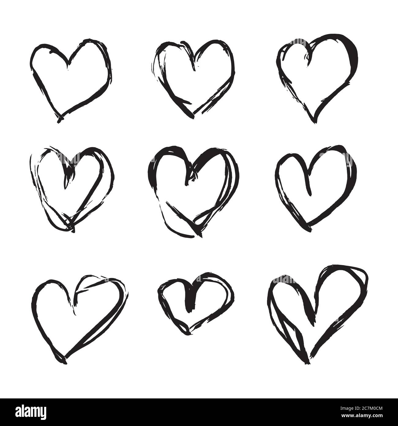 Set of nine hand drawn heart. Handdrawn rough marker hearts isolated on ...