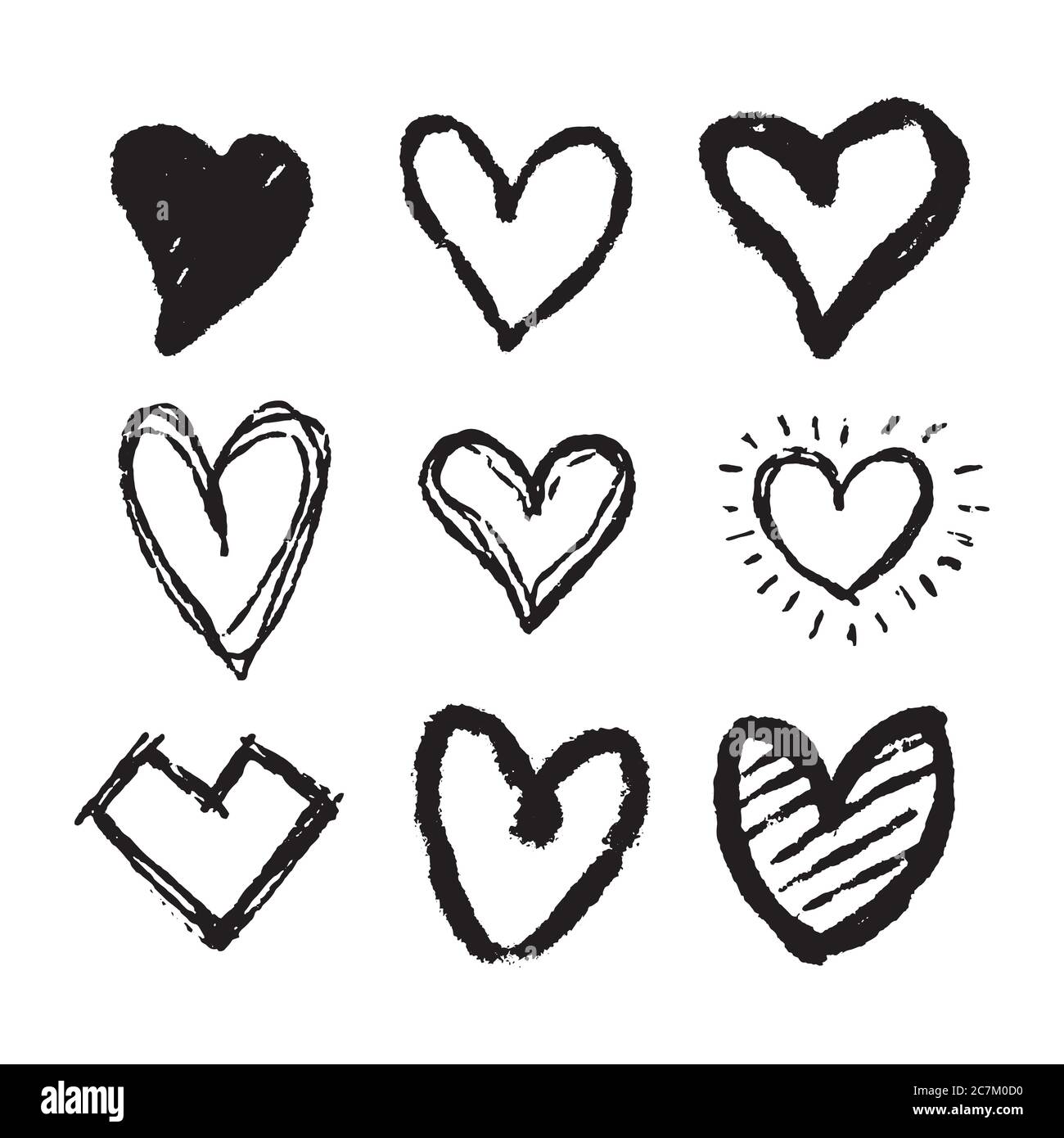 Set of nine hand drawn heart. Handdrawn rough marker hearts isolated on ...