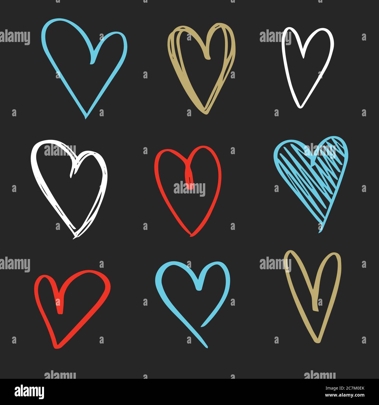 Set of nine hand drawn heart. Handdrawn rough marker hearts isolated on ...